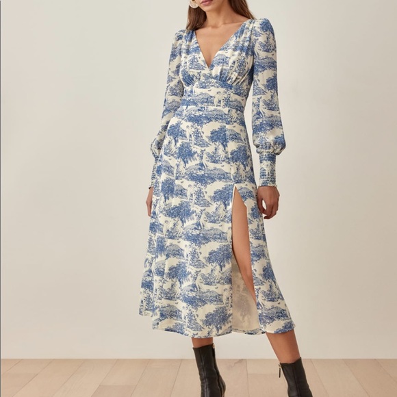 Reformation | Dresses | Reformation Blue Cream Midi Dress With Plunge ...